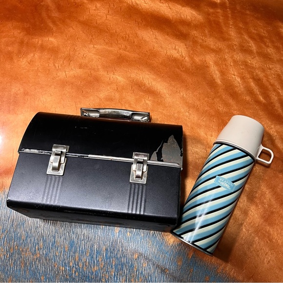 Thermos | Dining | Vintage Metal Lunch Box And Thermos Black Dome Blue ...